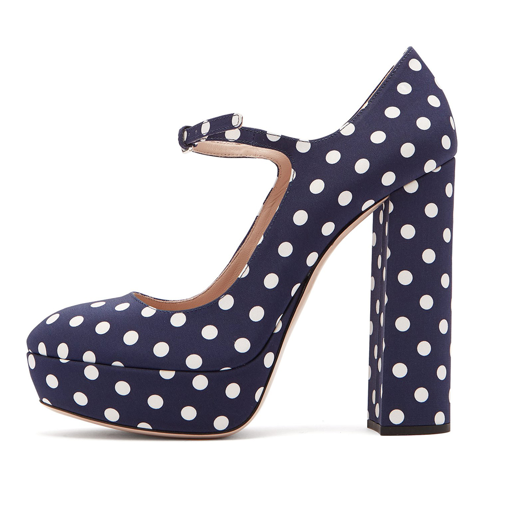 Purple & Black With Polka Dot Chunky Platforms Block Heels Round Toe ...