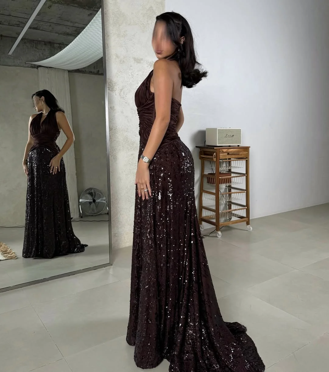 Vintage Chocolate Halter Pleated Sleeveless Sequins Prom Dress YK0637
