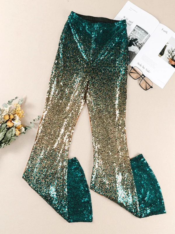 Chic Flared and Skinny Contrast Gradient Sequined Shiny Pants