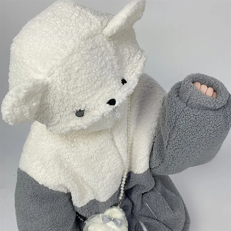 CONTRASTING LAMBSWOOL ZIPPER HOODED BEAR JACKET