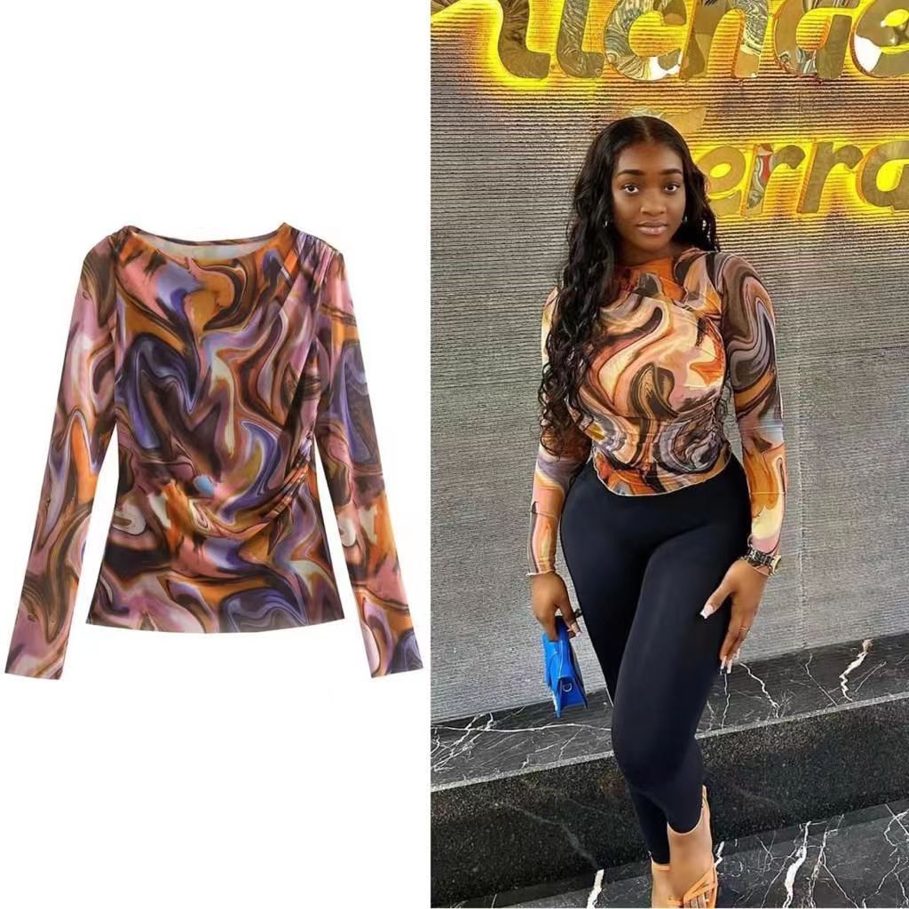 Uveng New Women's Silk Net Print Top Tether Skirt Skirt Suit