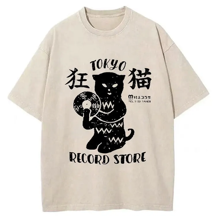 Tokyo Record Store Cat CD Washed T-Shirt