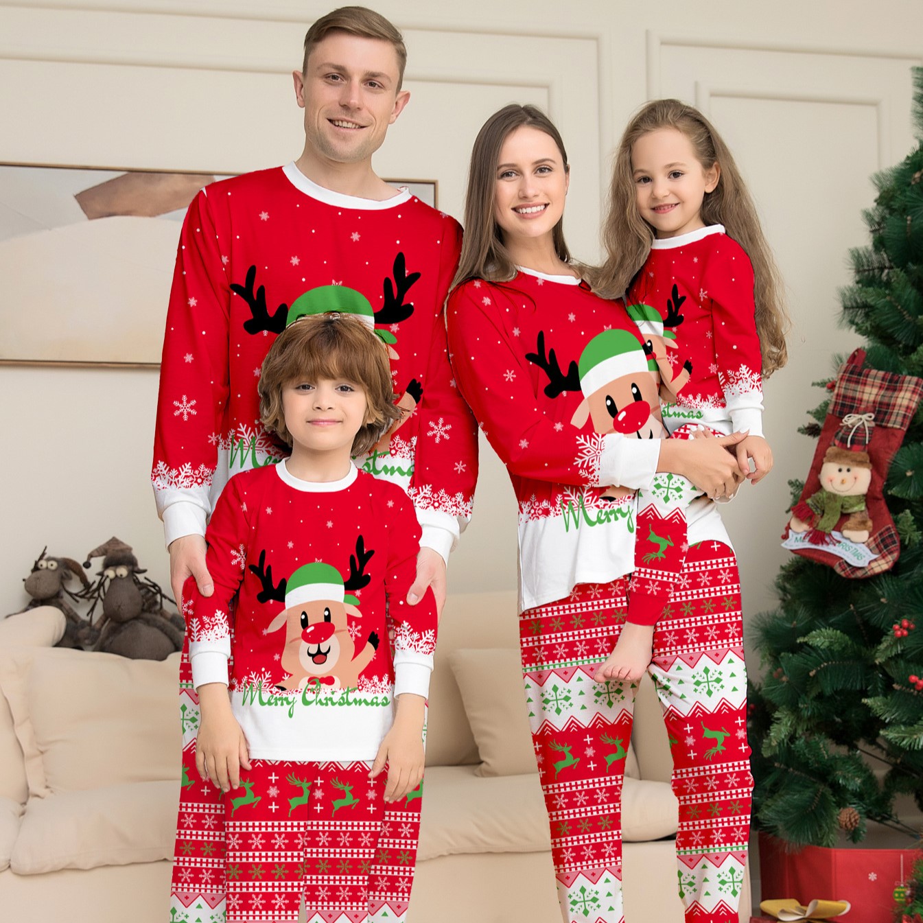 Christmas Reindeer Cartoon Print Family Matching Pajamas Set