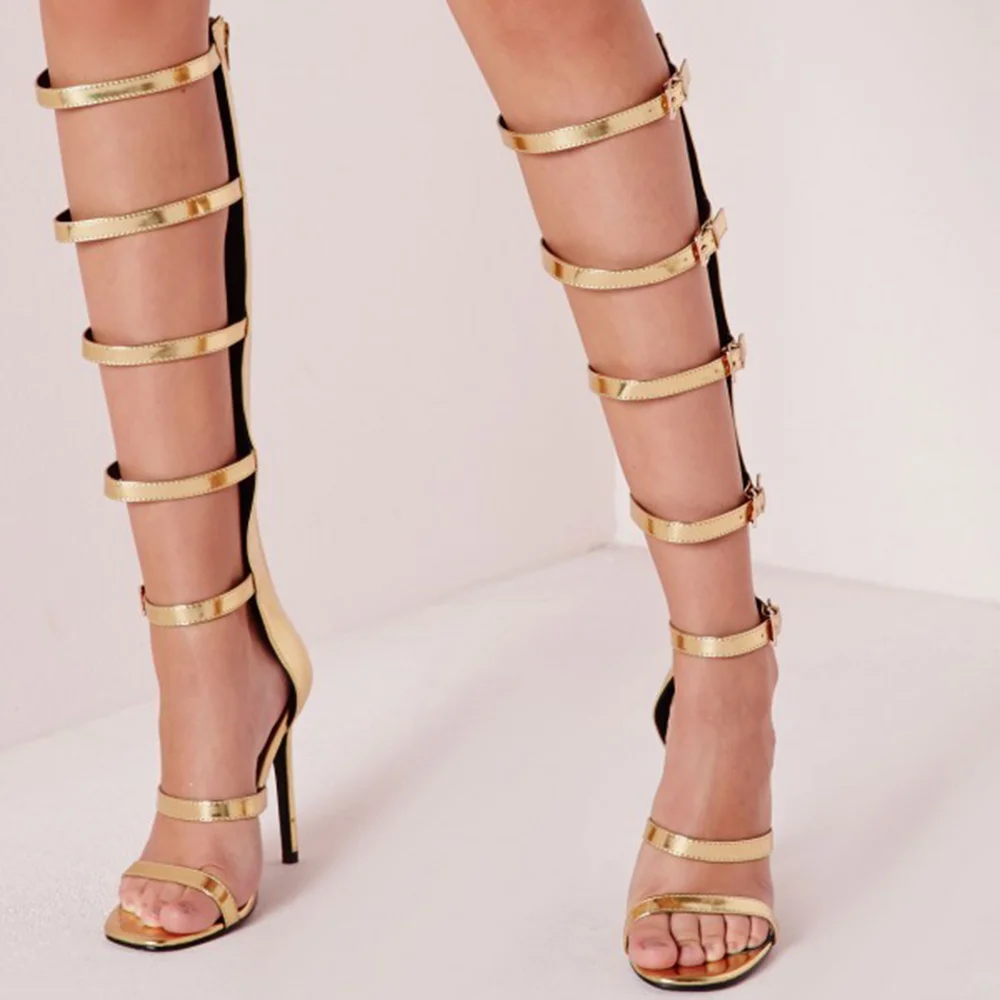 Gold Opened Toe Buckled Strappy Knee High Gladiator Sandals With ...