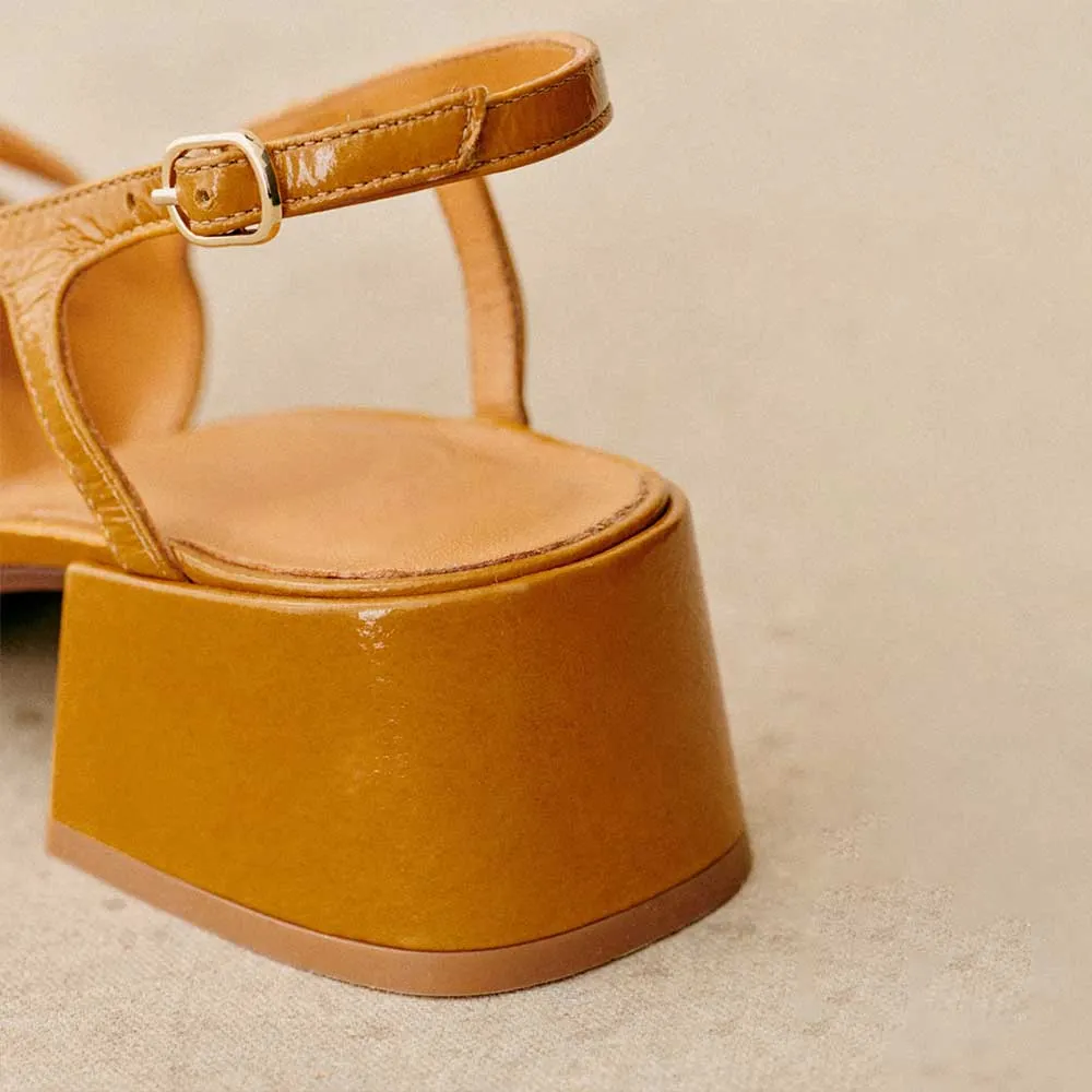 Mustard Square Toe Block Heel Vintage Slingback Pumps