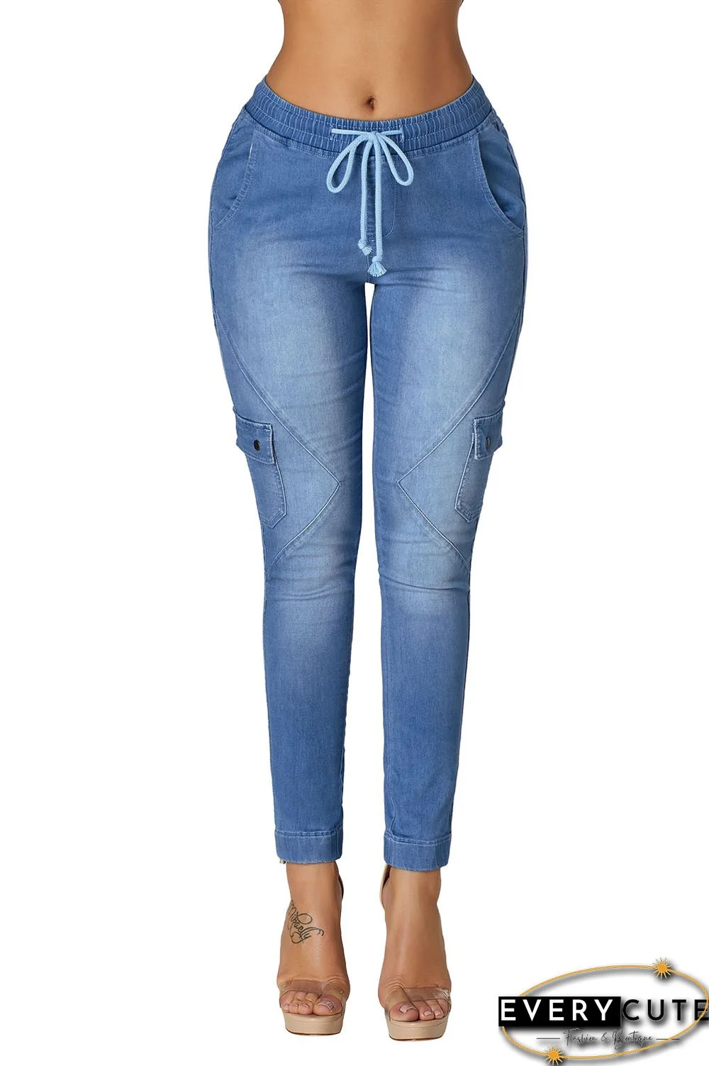 Wholesale Dusty Blue Drawstring Ankle Pocket Denim Jeans Online