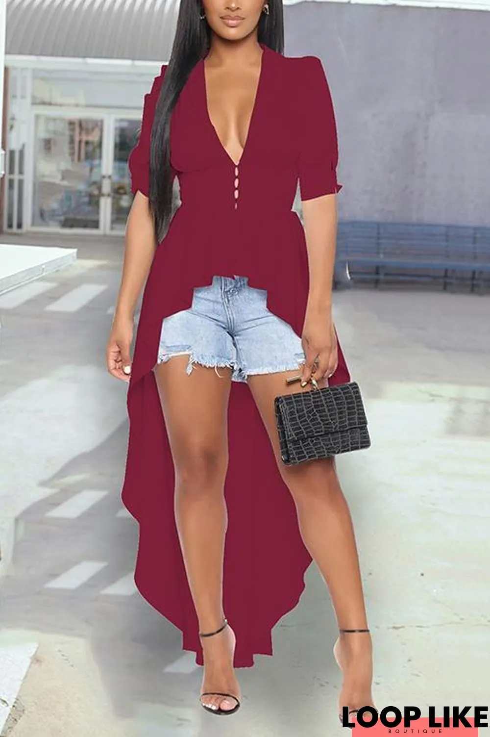 Short Sleeve Ruffled High Low Tops - LoopLike
