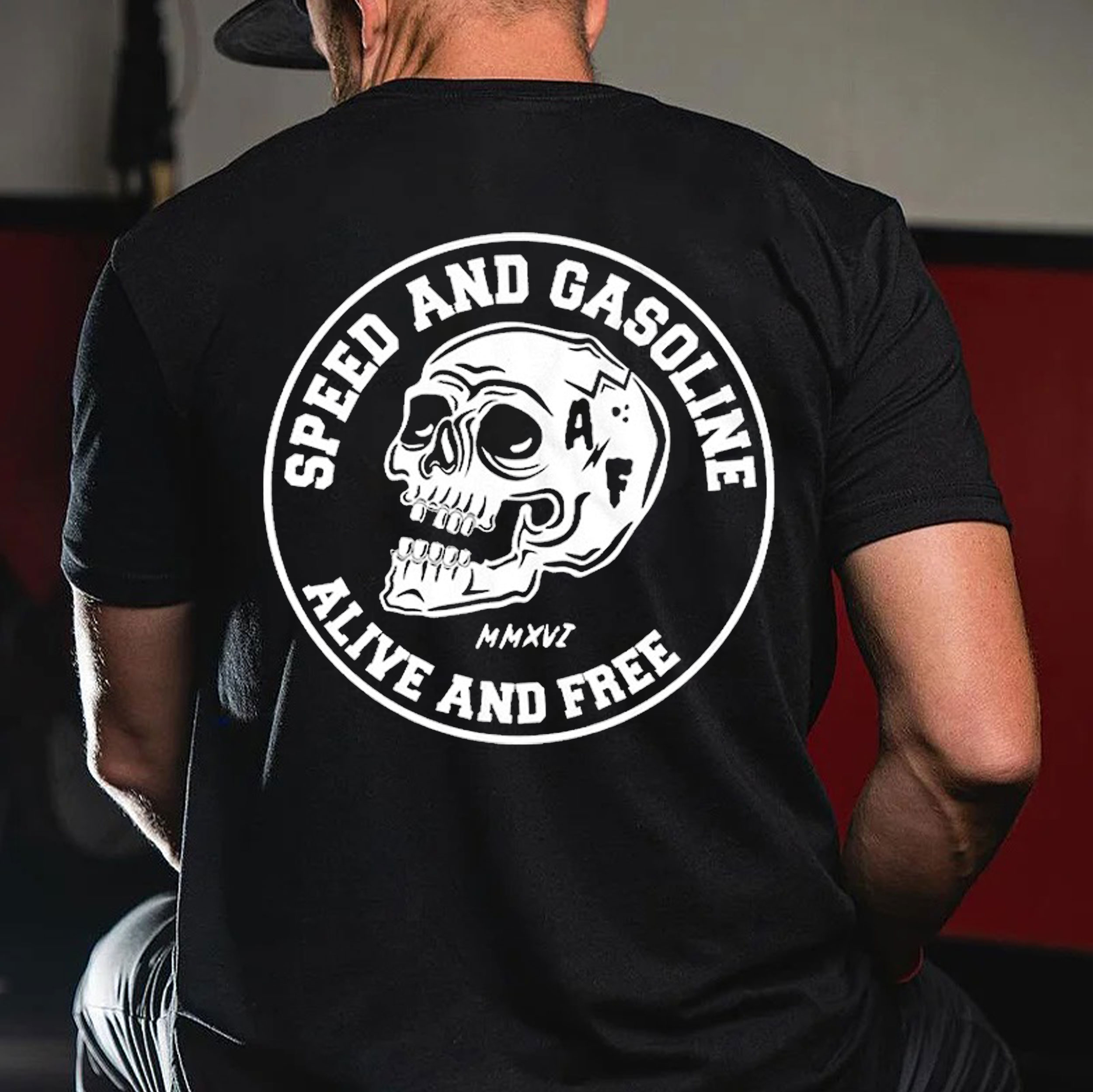 MOTOSUNNY SPEED AND GASOLINE SKULL Graphic Casual Black Print T-shirt