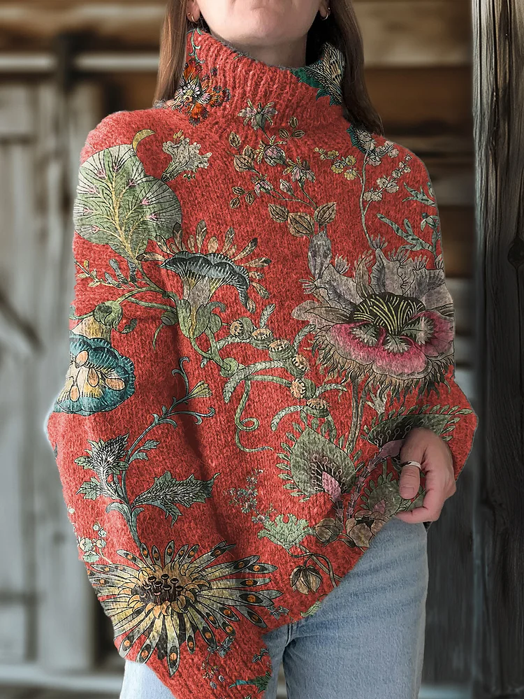 Retro Floral Print Knit Turtleneck Pullover Sweater