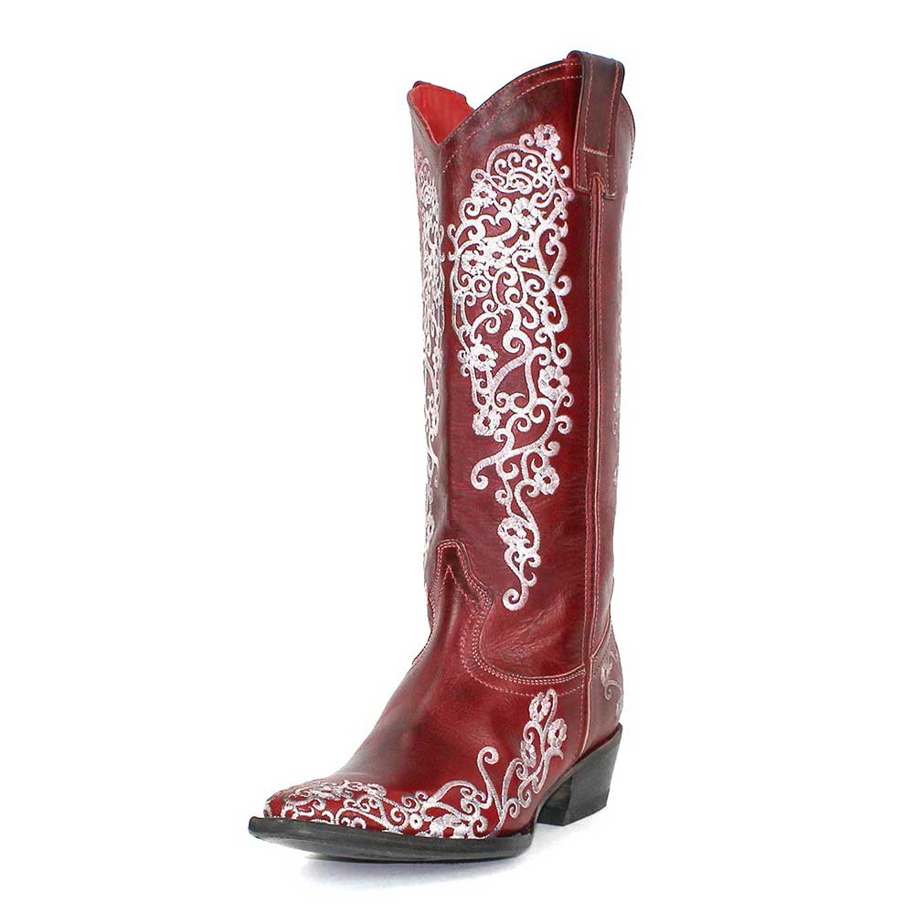 Burgundy Snip Toe White Floral Embroidered Wide Calf Cowgirl Boots