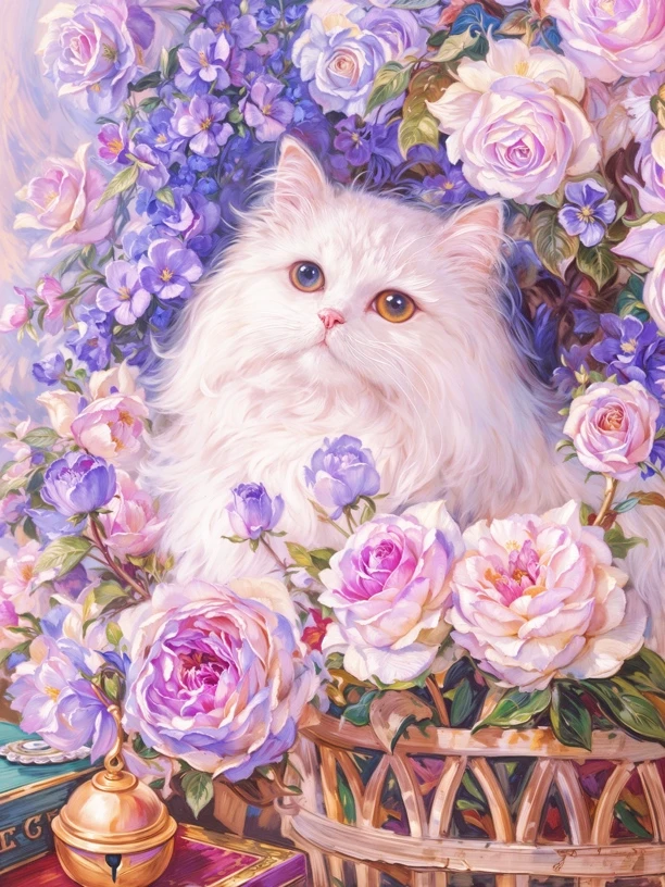 [9CT]Purple Flower Cat 9CT Pre-stamped Canvas(65*85cm) Cross Stitch
