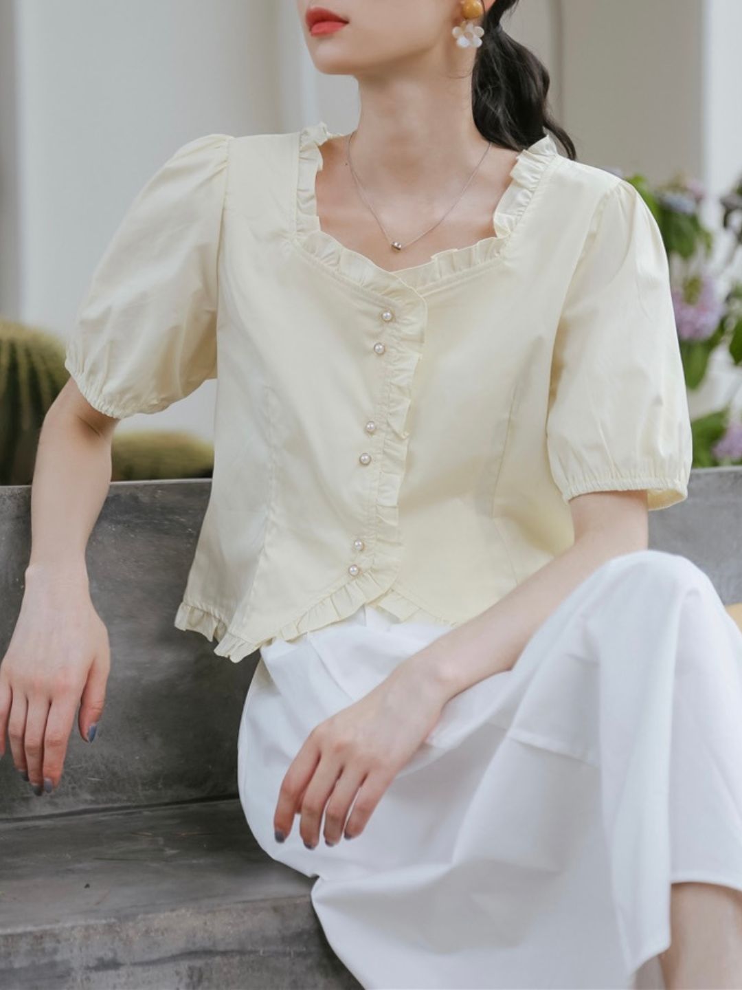 Square Collar Shirt With Puff Sleeves