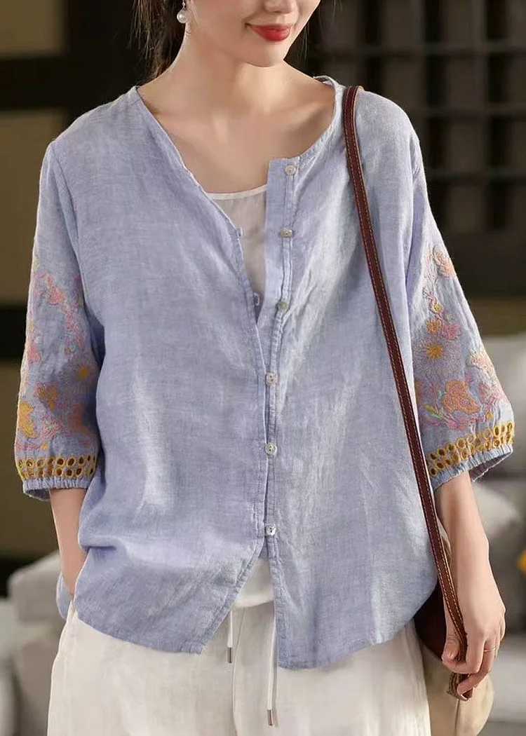 Sky Blue Linen Tops Oversized Embroidered Bracelet Sleeve