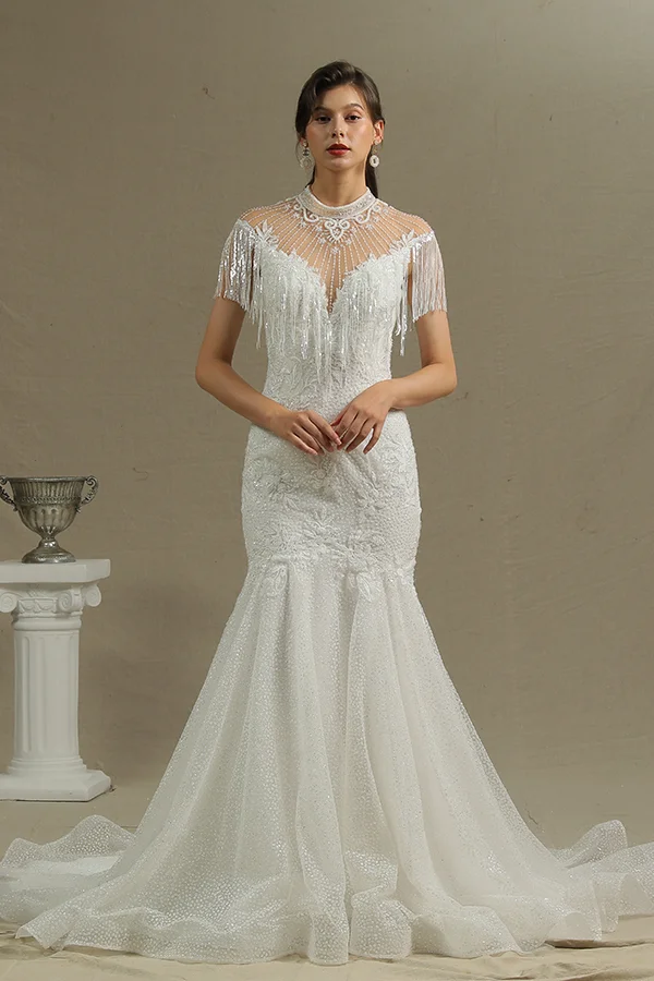Mermaid High Neck Wedding Dress With Beadings Tassel