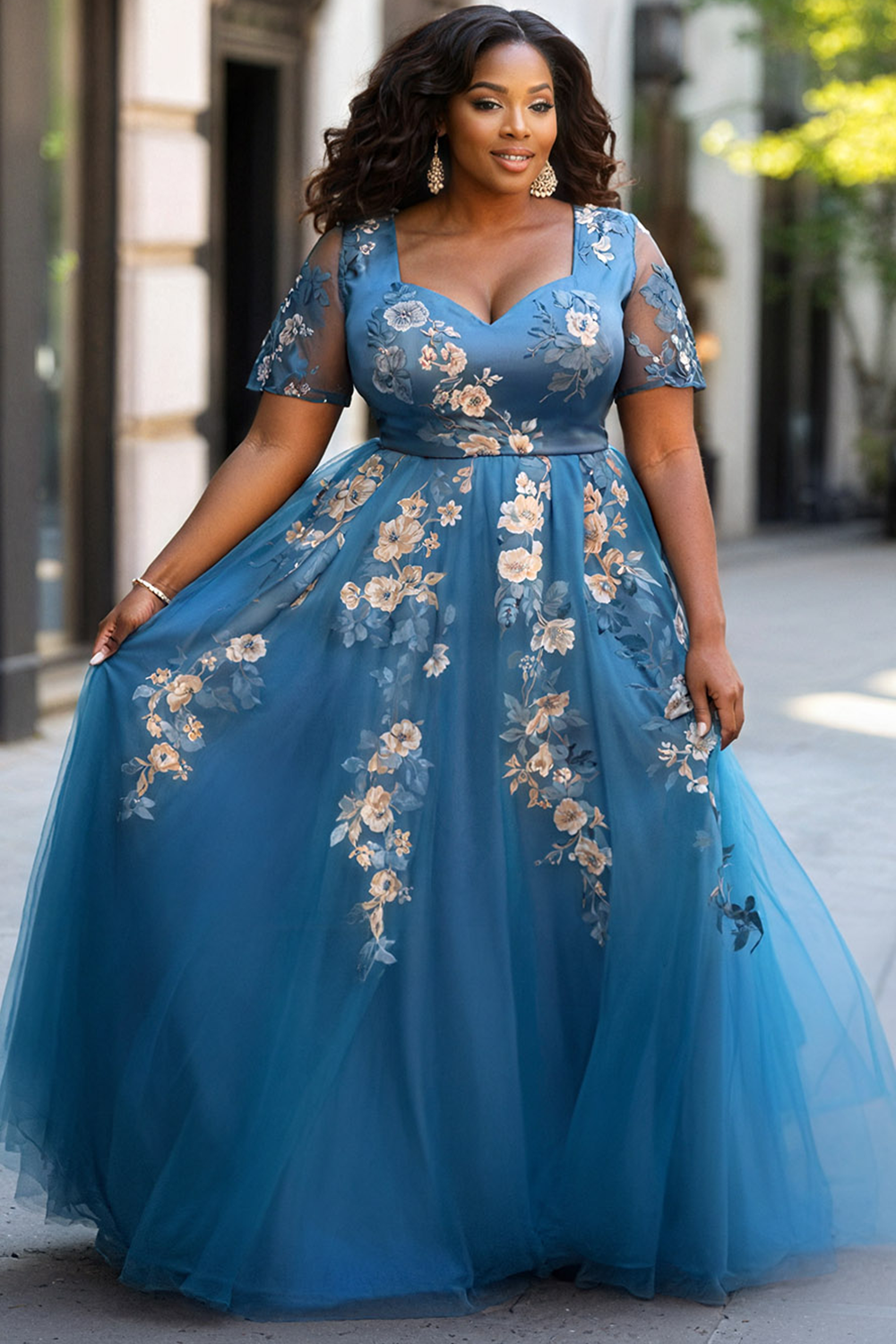 Xpluswear Design Plus Size Formal Blue Short Sleeve Floral Print Tulle ...