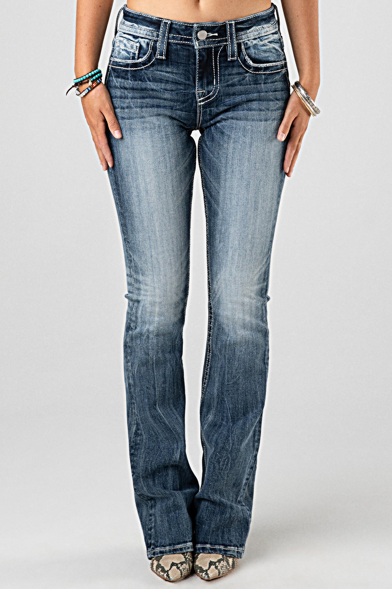 FineGina Wings Embroidered Pocket Detail Mid Rise Bootcut Jeans