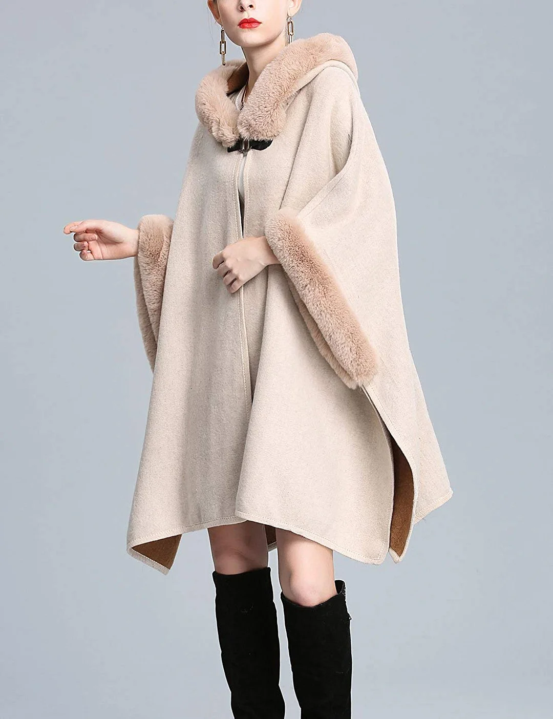 Women's Batwing Faux Fur Hooded Cloak Poncho Cape