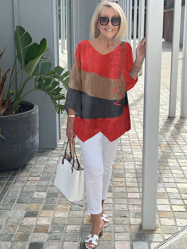 Plus Size Casual Loose V Neck Irregular Hem Art Print Long Sleeve Tops