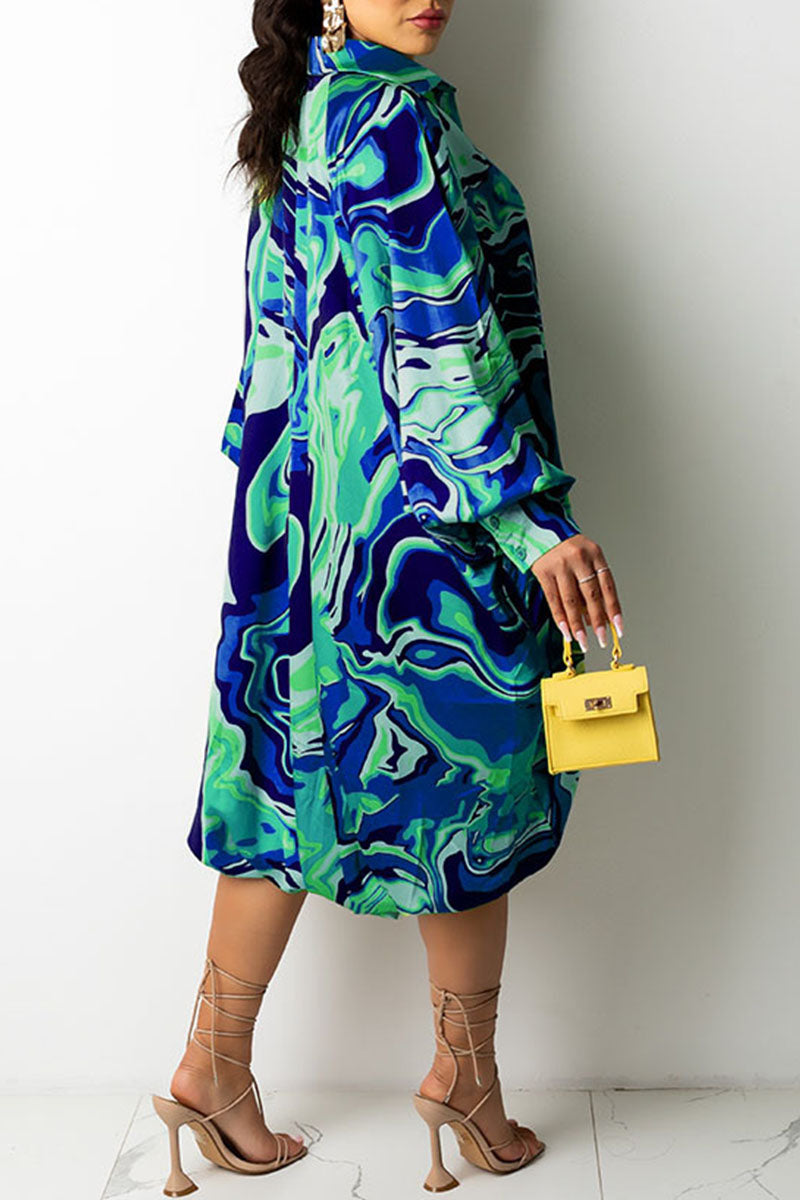 Sexy Print Draw String Asymmetrical Turndown Collar A Line Dresses