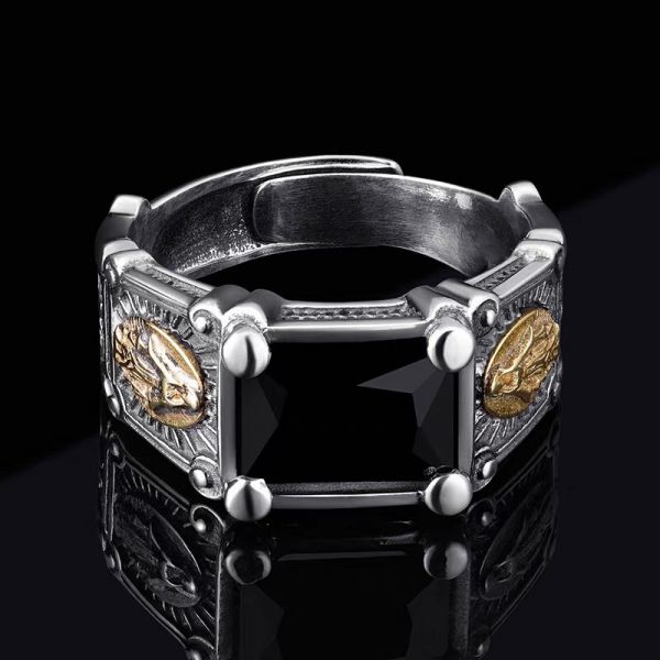 Sterling Silver Vintage Aged Madonna Inlaid Black Stone Ring