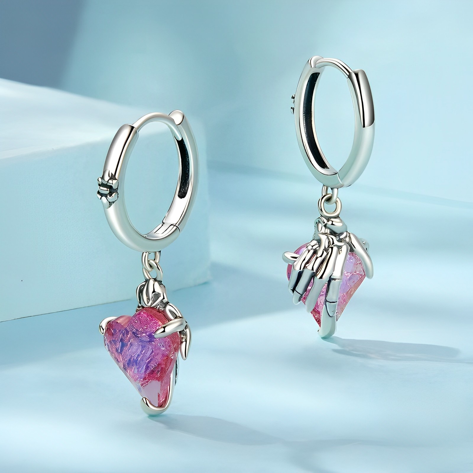 Chrider 925 Sterling Silver Skull Hands Ear Buckles Pink Heart Drop ...
