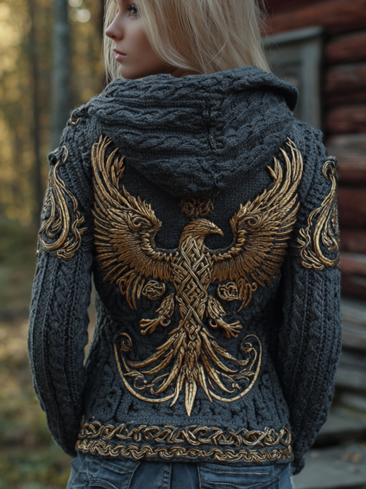 Women's Viking Golden Phoenix Embroidery Navy Blue Vintage Hooded Sweater