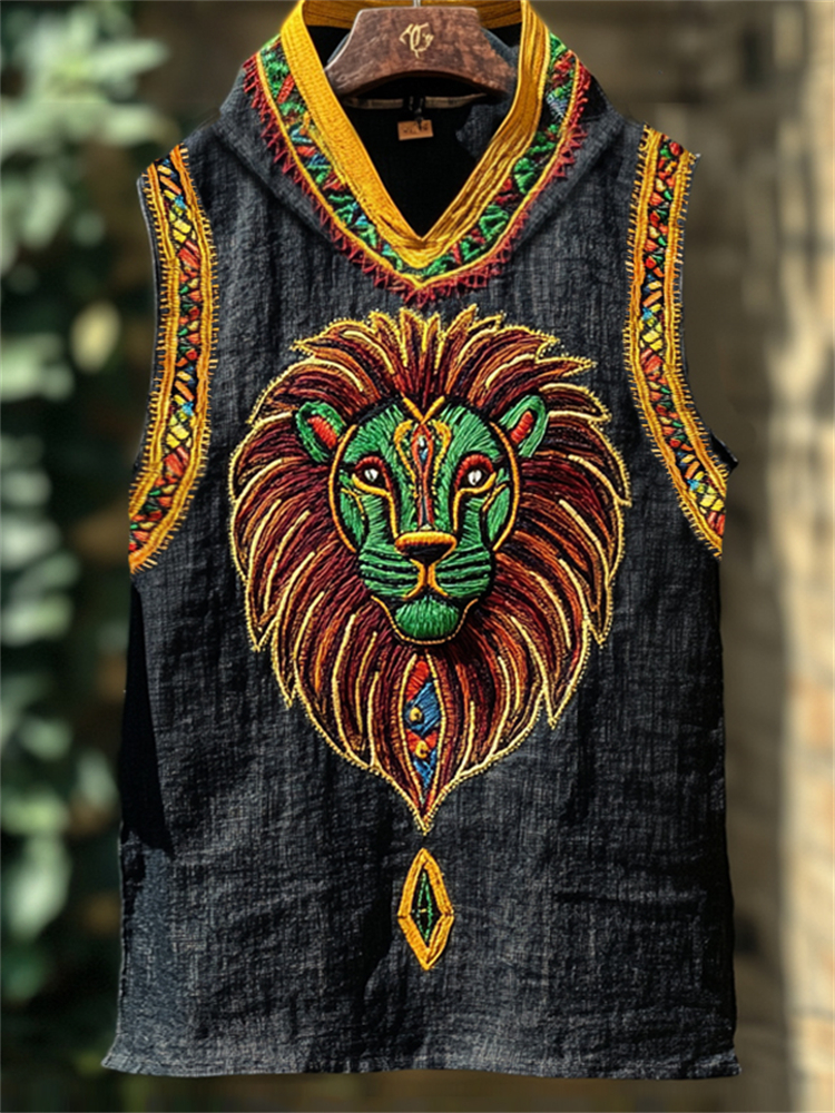 Men's African Tribal Rasta Lion Folk Embroidered Hooded Linen Vest