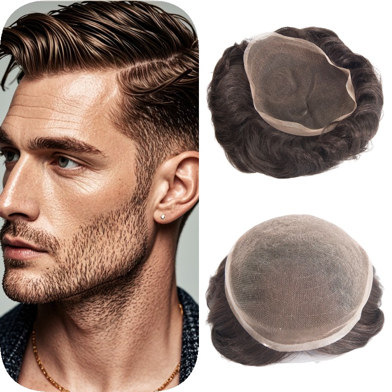 Mens Toupee Full Lace French Bleached Knots