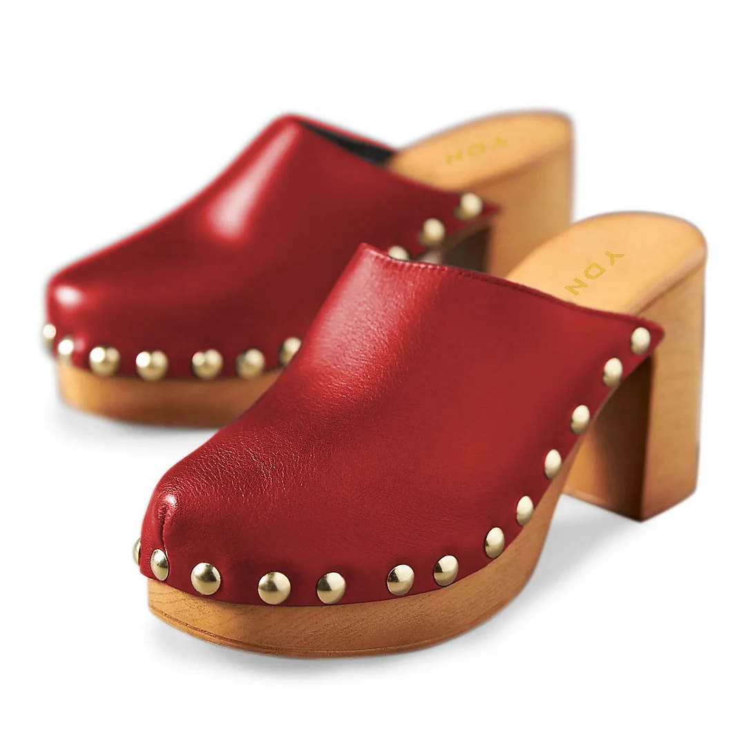 Red Chunky Heel Studded Slip On Women's Mules Shoes with Platform