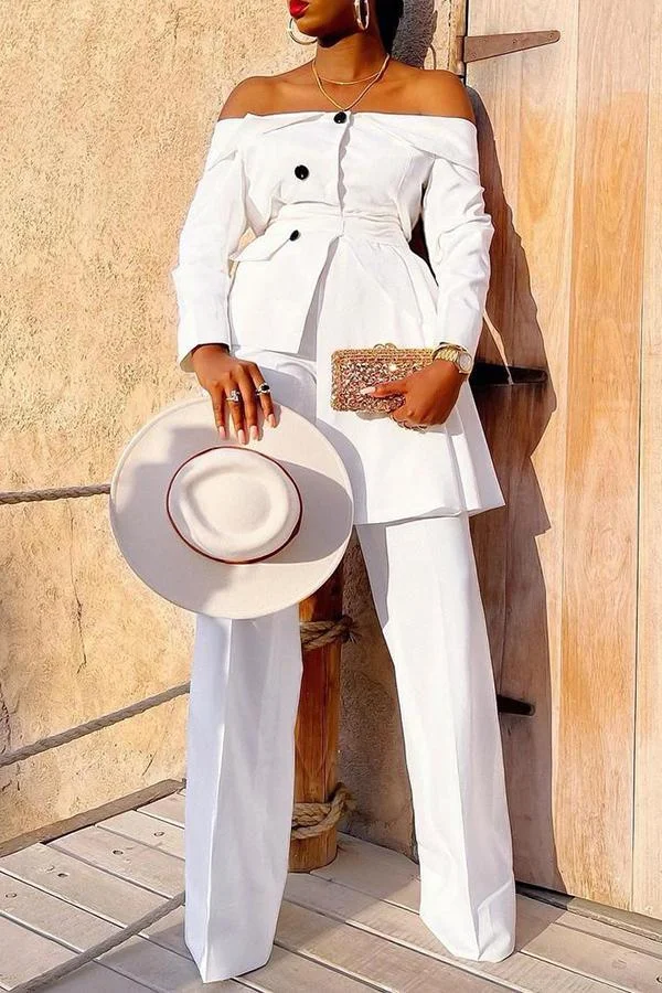 Unique Off Shoulder Lapel Irregular Ruffle Pant Suits