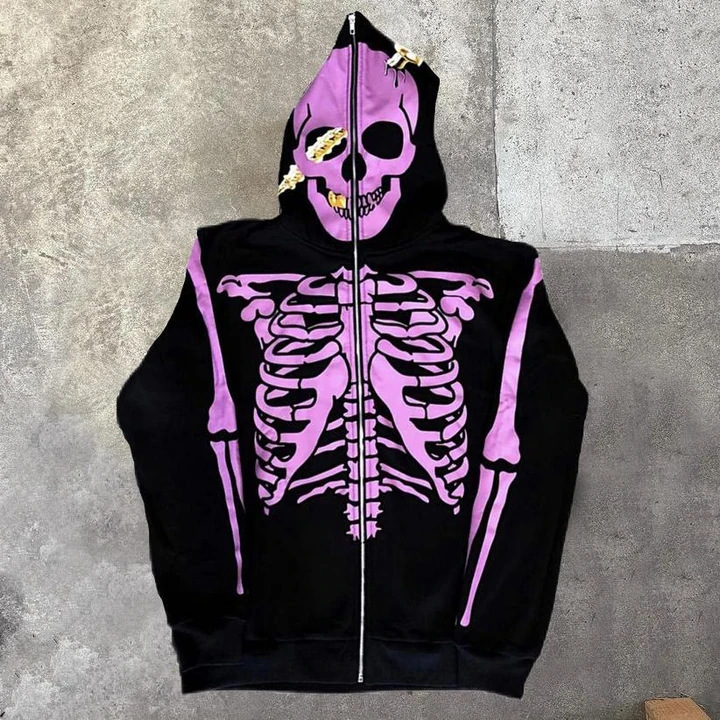 Purple Skeleton Men's Oversized Full Zip Up Hoodie Coat -Hiphopee.com