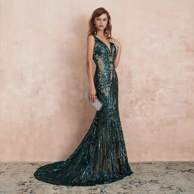 Daisda Dark Green V-Neck Sleeveless Evening Dress Mermaid with Sequins