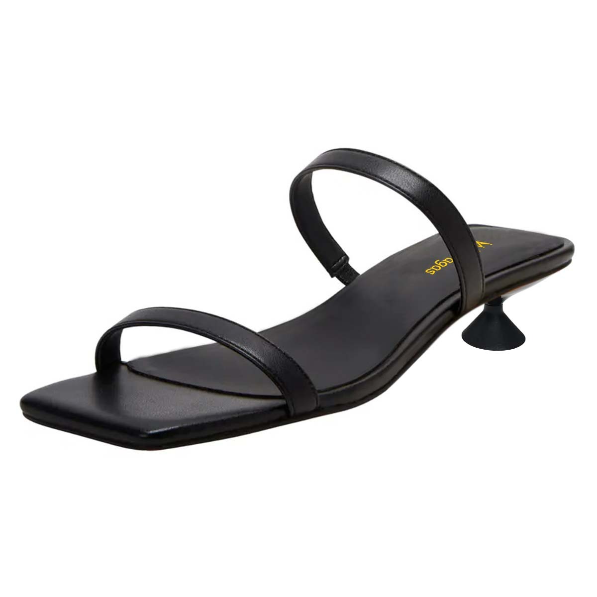 Black Vegan Leather Open Square Toe Spool Heel Slide Sandals