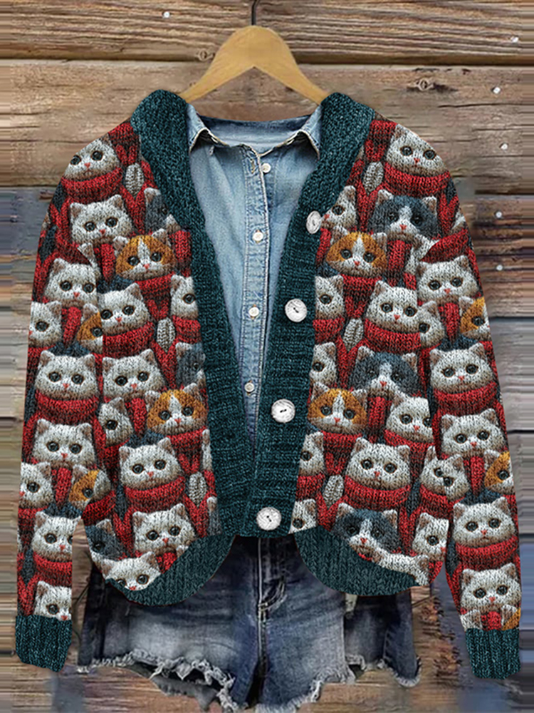 Vintage Cute Cat Pattern Cozy Button Cardigan Sweater