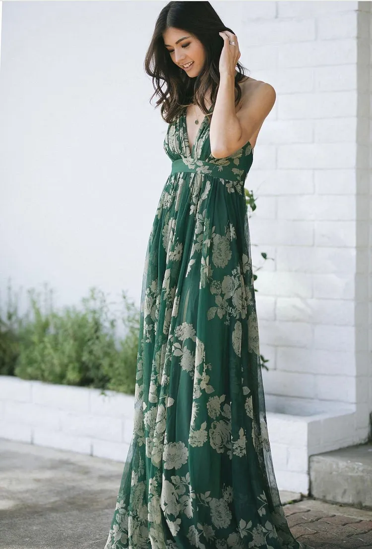 Crossover Back Floral Chiffon Maxi Dress