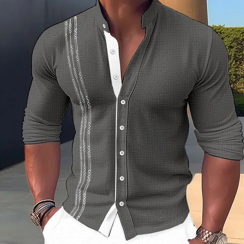 Men's Linen Long Sleeve Embroidery Standing Collar Shirt