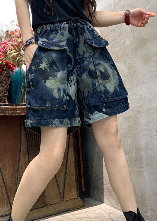 Organic Blue retro Print Pockets denim Summer shorts - Ladylim