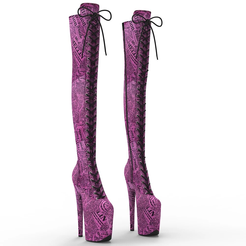 TAAFO 20CM/8inches PU English Pattern High Heel Platform Thigh High ...
