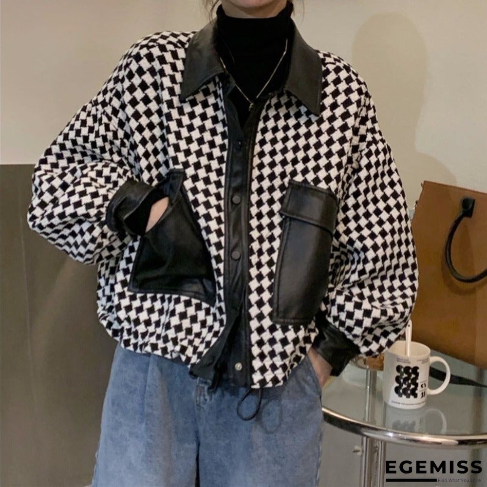 Hounds tooth Print Color block Button Design Coat - EGEMISS