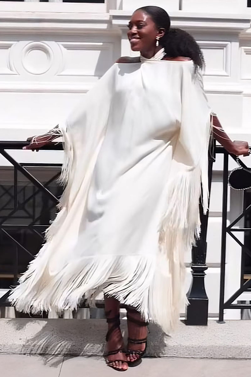 Fringed Cold Shoulder Cape Loose Maxi Dresses