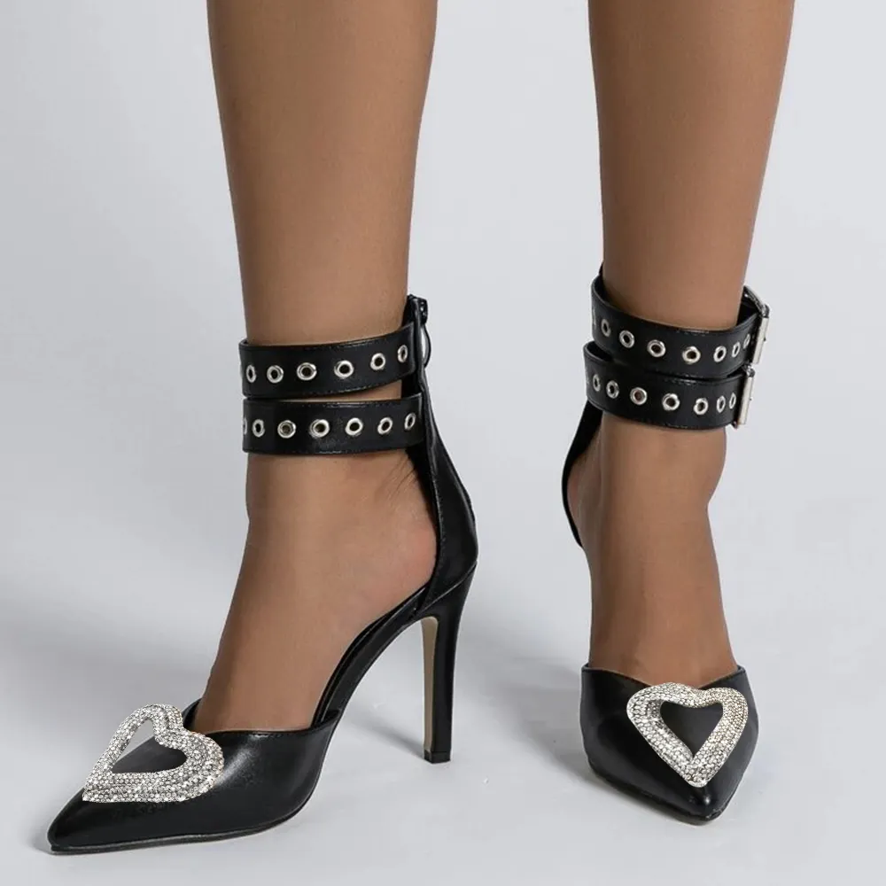 Black Closed Toe 3'' Stiletto Heel Strappy Pumps with Buckle