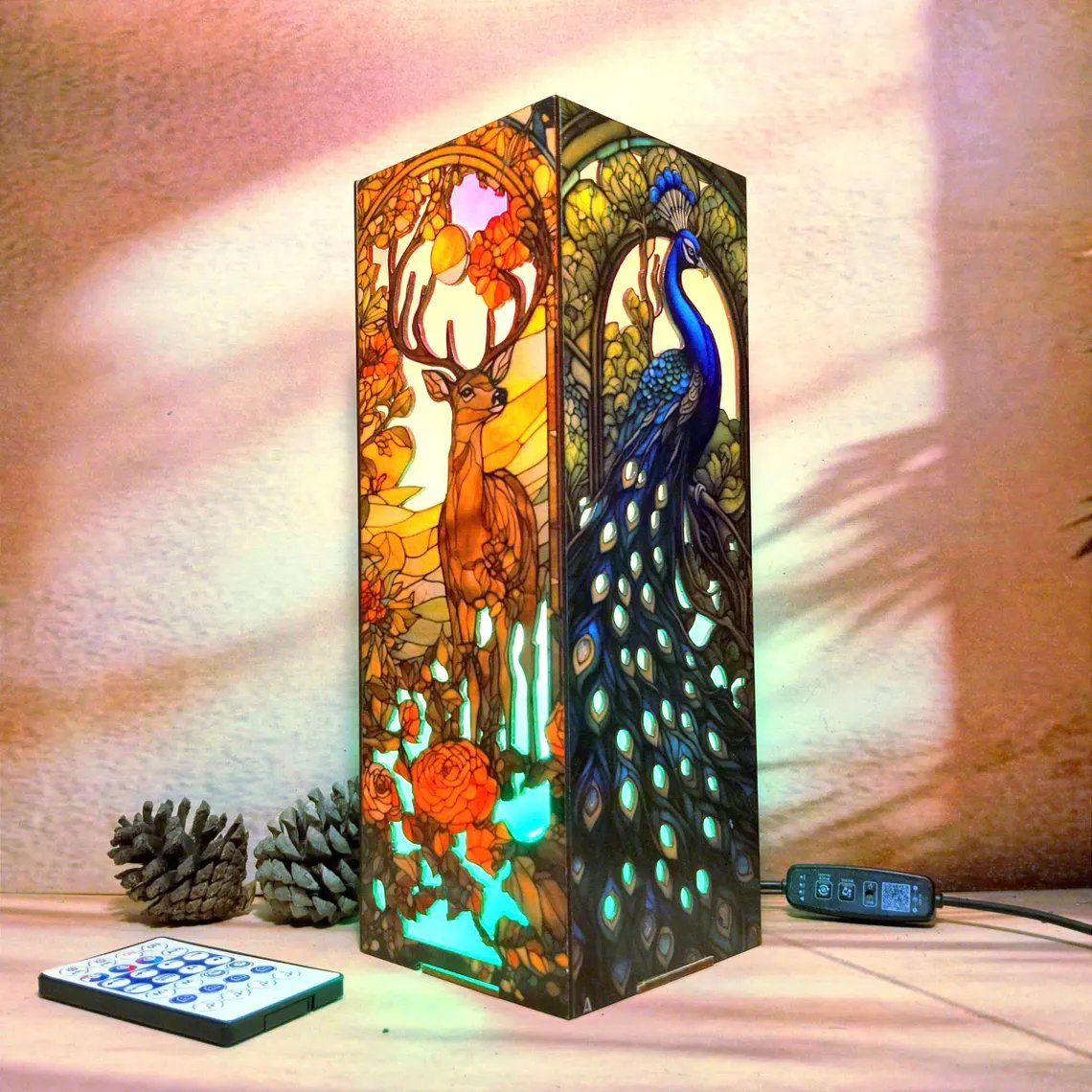 Nature-Inspired Wooden Light Box Featuring Peacock, Birds, Fox and Deer
