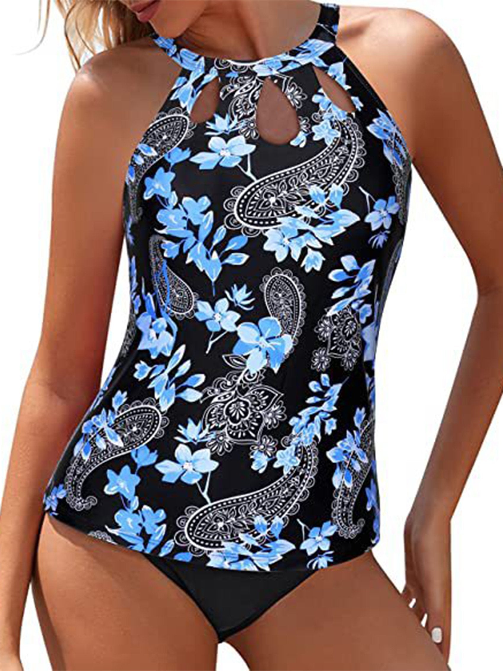 Women’s Cashew Flowers Print Round Neck Cutout Backless Tankini Set ...