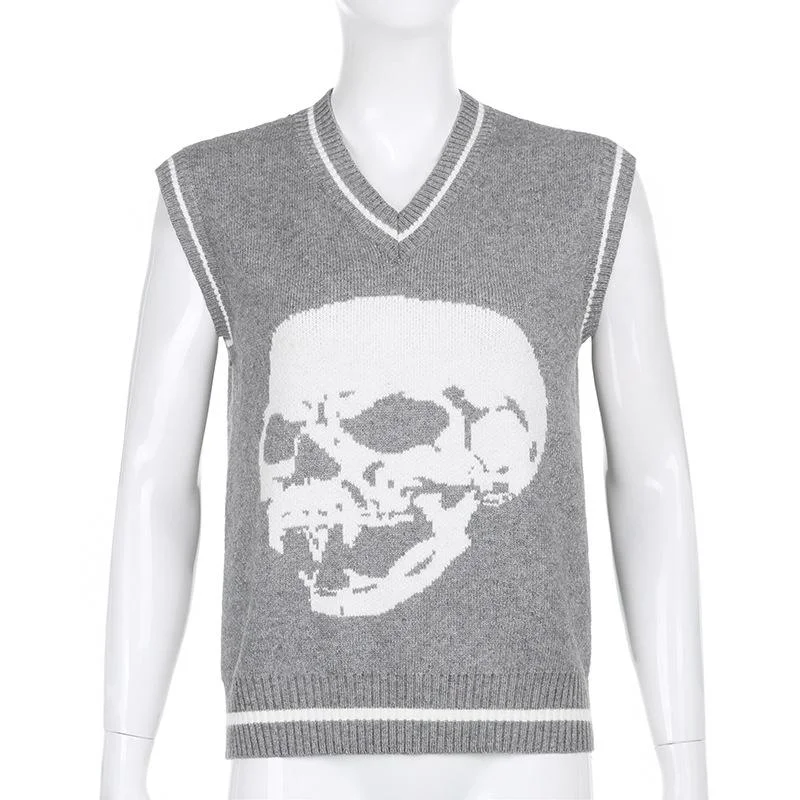 SKULL PRINT V-NECK KNIT VEST