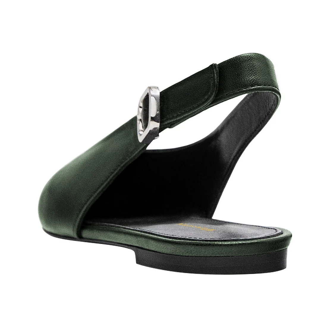 Dark Green Vegan Leather Buckle Flat Slingback Closed Toe Shoes