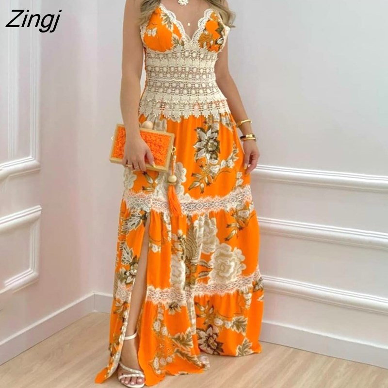 Zingj Elegant Spring Summer Boho Style V Neck Floral Print Contrast