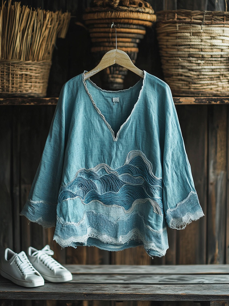 Vintage Waves Embroidery Japanese Art Linen Blend Cozy Tunic