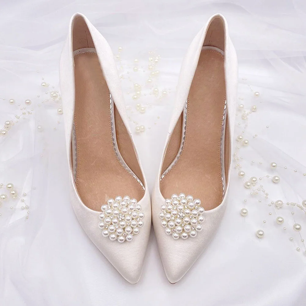 Ivory Satin Pointed Toe Kitten Heel Pearl Embellished Wedding Pumps