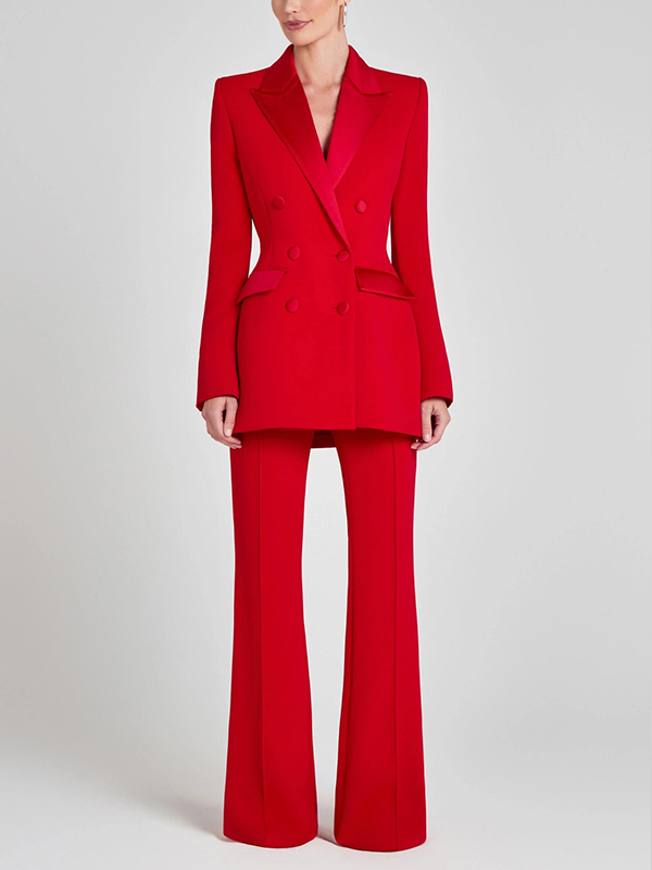 Red Double Breasted Satin Lapel Blazer And Trousers 2-Piece Suit