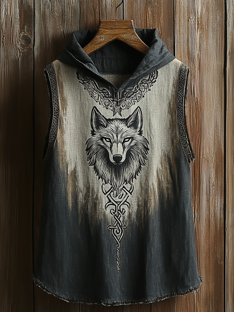 Men's Viking Wolf Head Celtic Mythology Hooded Tank Top
